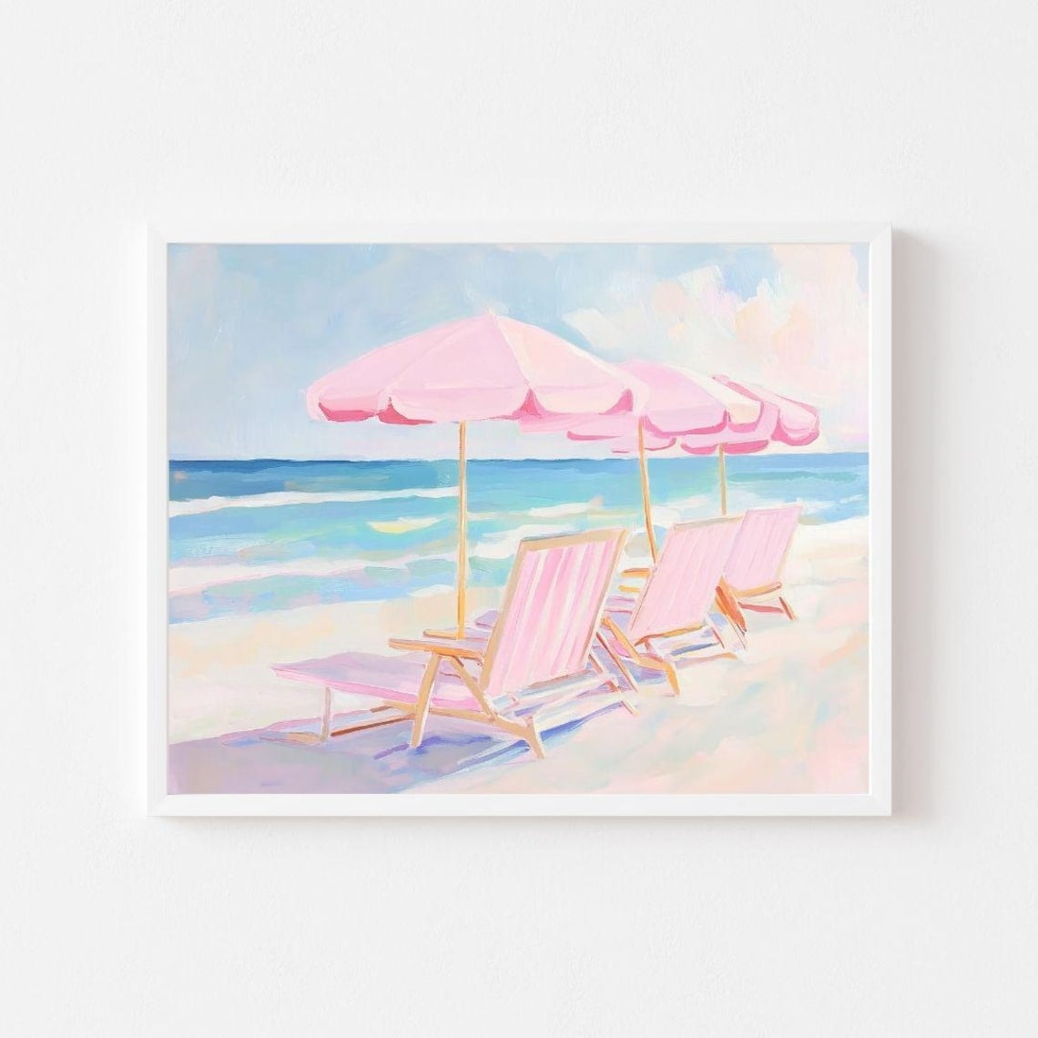 Coastal Summer Wall Art Pink Beach Chairs Print, Unframed Paper Print ...