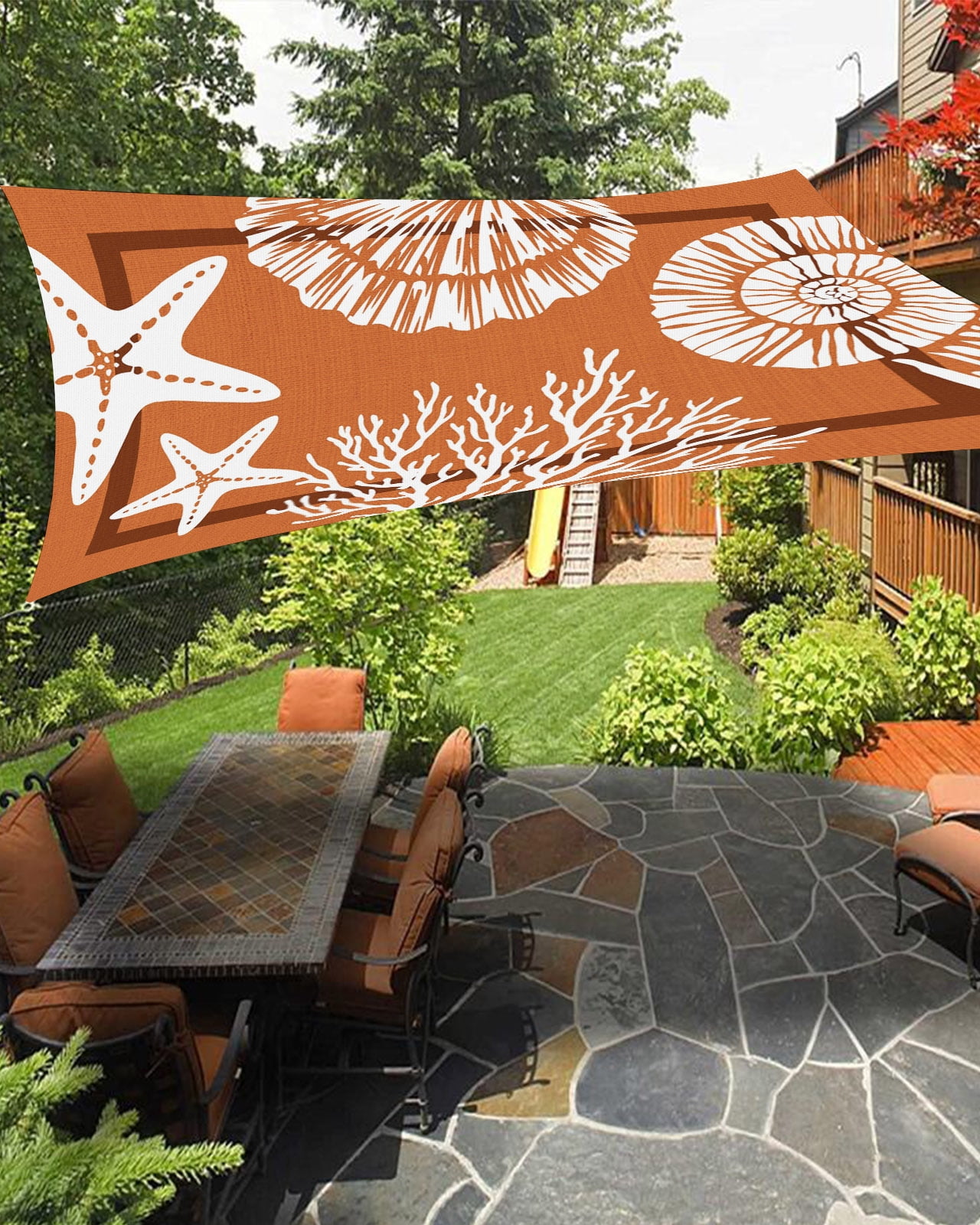 Coastal Sun Shade Sail 12'X16' Starfish Shell Coral Rustic Burnt Orange ...