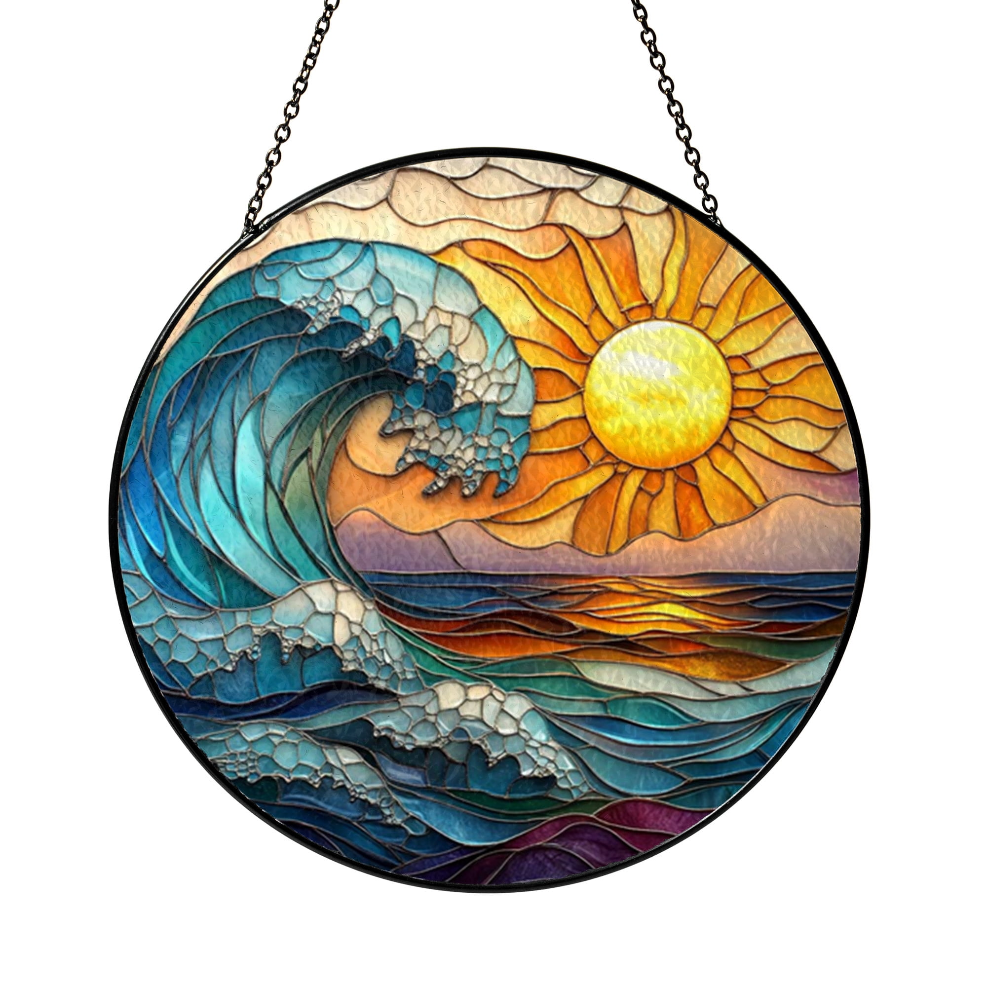 Coastal Sunrise and Waves Stained Glass Window Hanging, Nautical ...