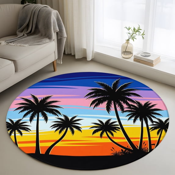 Coastal Sunset 3' Round Rug for Bathroom Accent Bedside Corner, Palm ...