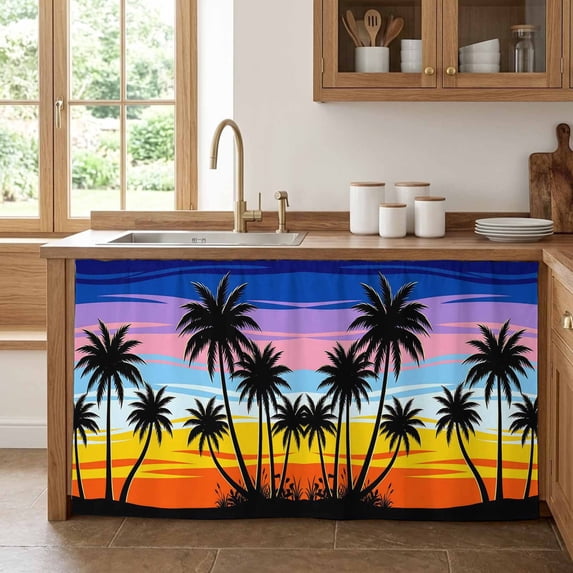Coastal Sunset Cabinet Curtains 28" W x 51" L, Palm Trees Beach Ocean ...