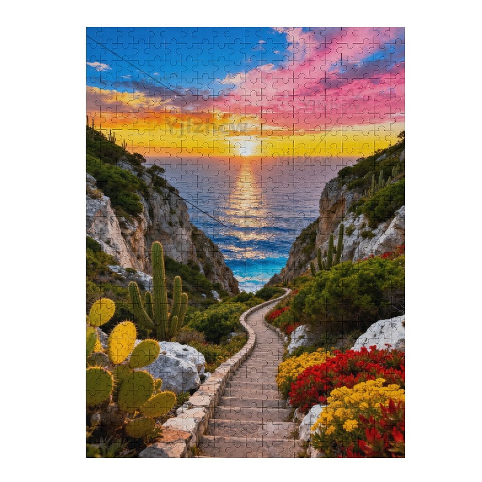 Coastal Sunset Path with Cacti and Flowers Wooden Jigsaw Puzzle 500 ...