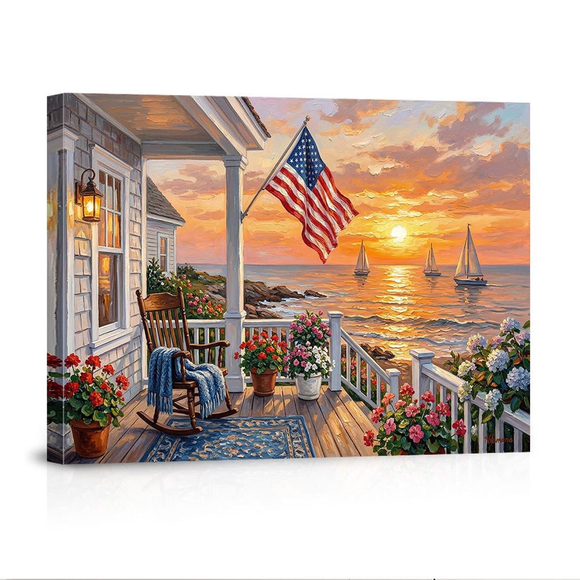 Coastal Sunset Porch Art American Flag Seascape Nautical Home Ocean ...