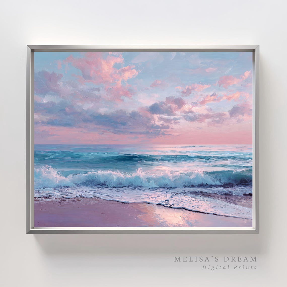 Coastal Sunset Print Pastel Ocean Waves Pink Sky Decoration, Unframed ...