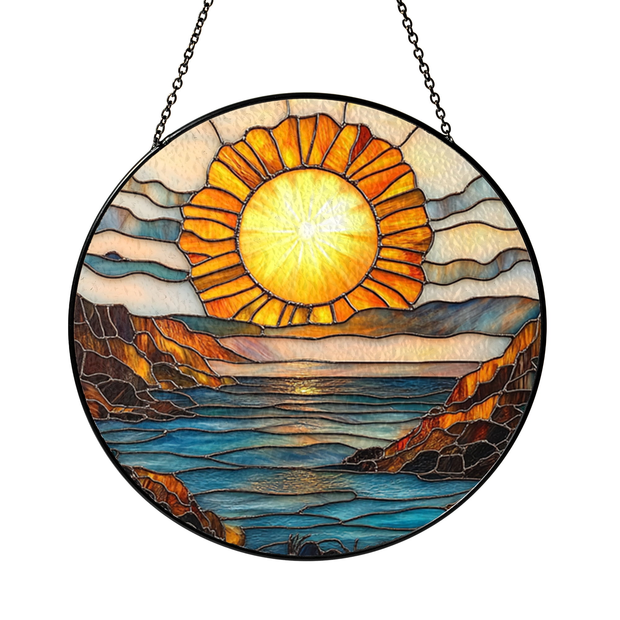 Coastal Sunset Scene Sun Catcher Glass Round Window Hanging Panel ...