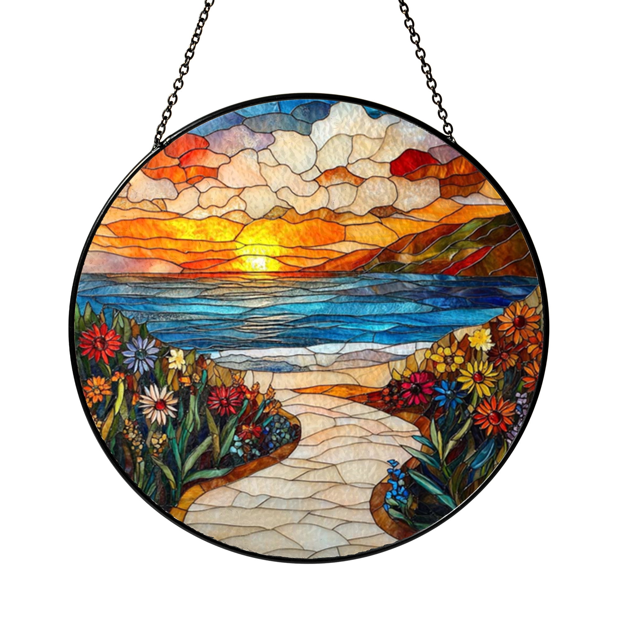 Coastal Sunset Stained Glass Style Suncatcher, Beach Path Decorative ...