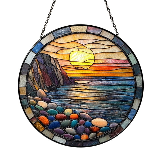 Coastal Sunset Stained Glass Style Suncatcher Window Decor, Ocean Wave ...