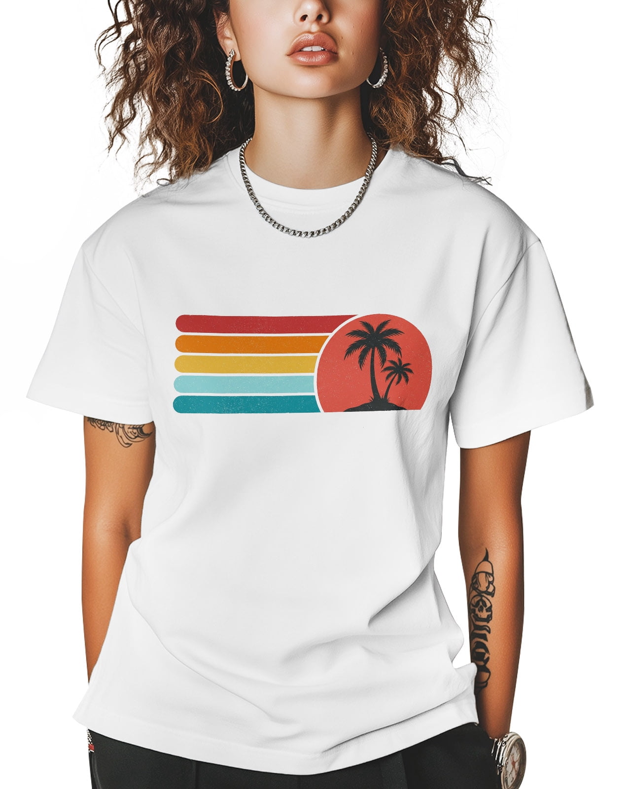 Coastal Sunset T Shirts for Women Short Sleeve Cotton Crewneck T-Shirt Palm Tree Landscape Tee ...