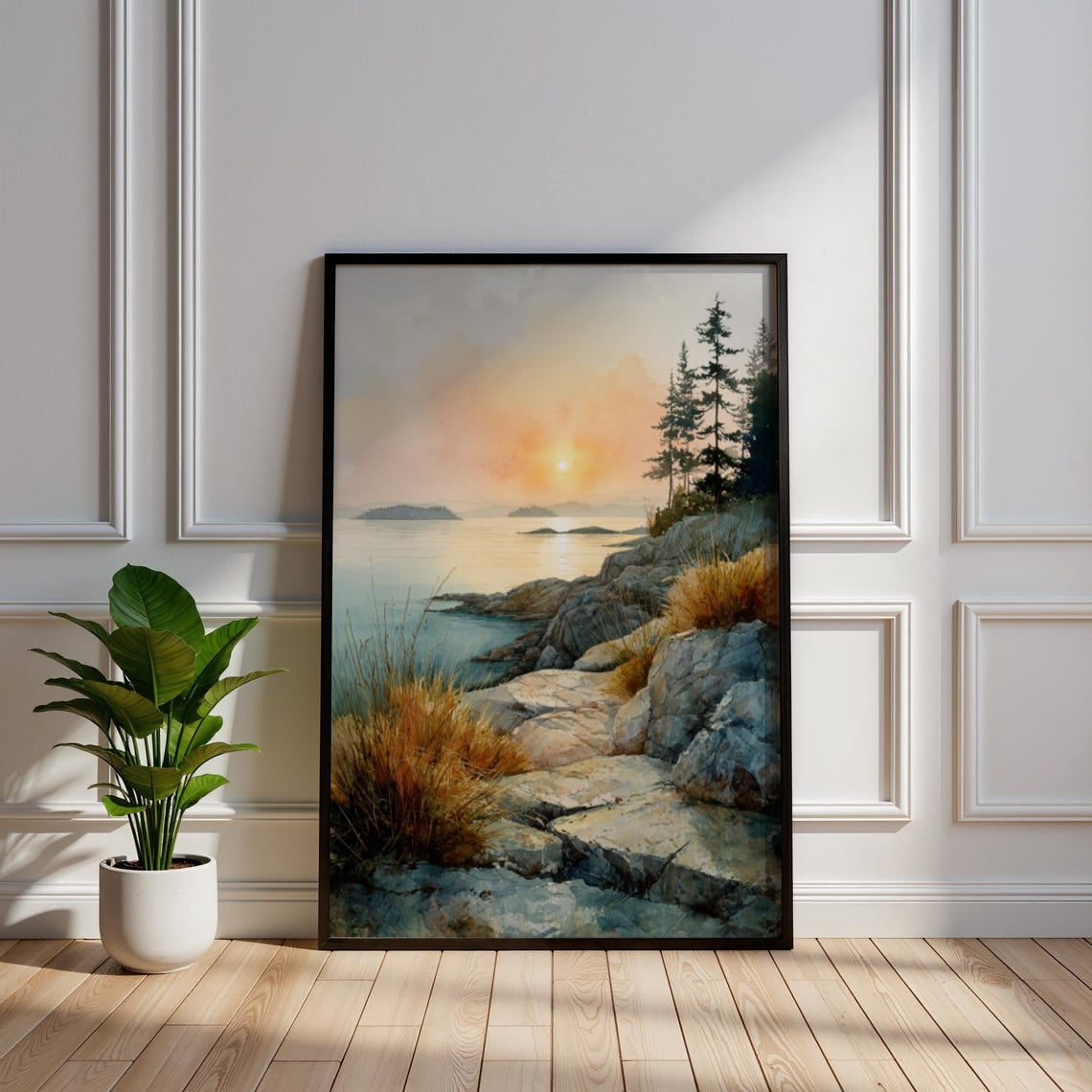 Coastal Sunset Watercolor Rocky Shore Pine Tree Island Landscape ...