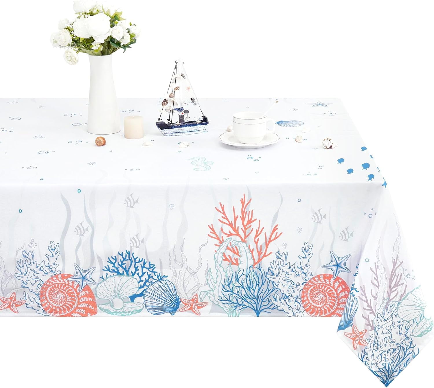 Coastal Table Cloth, Nautical Coral Seashell Decorative Tablecloth ...
