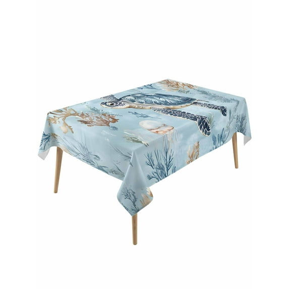 Coastal Table Cloth, Sea Turtle Summer Beach Nautical Coral Waterproof ...
