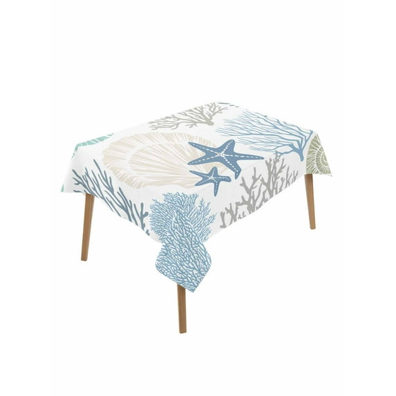 Coastal Table Cloth, Summer Beach Nautical Coral Starfish Waterproof ...