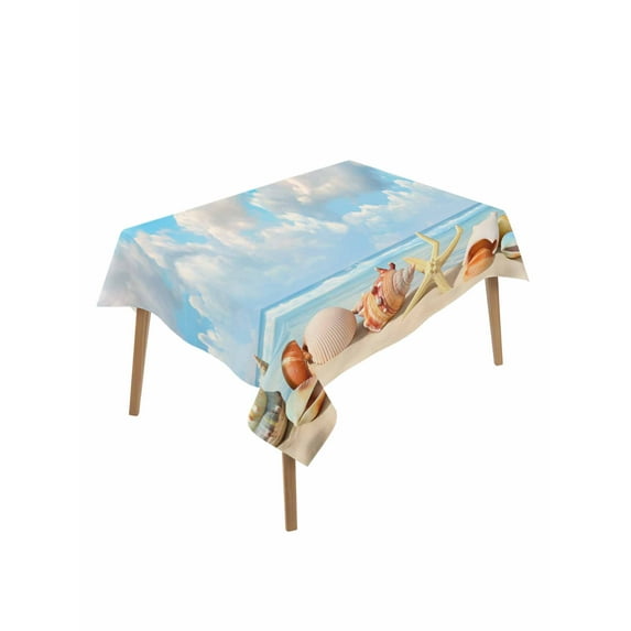 Coastal Table Cloth, Summer Beach Shell Conch Starfish Blue Nautical ...