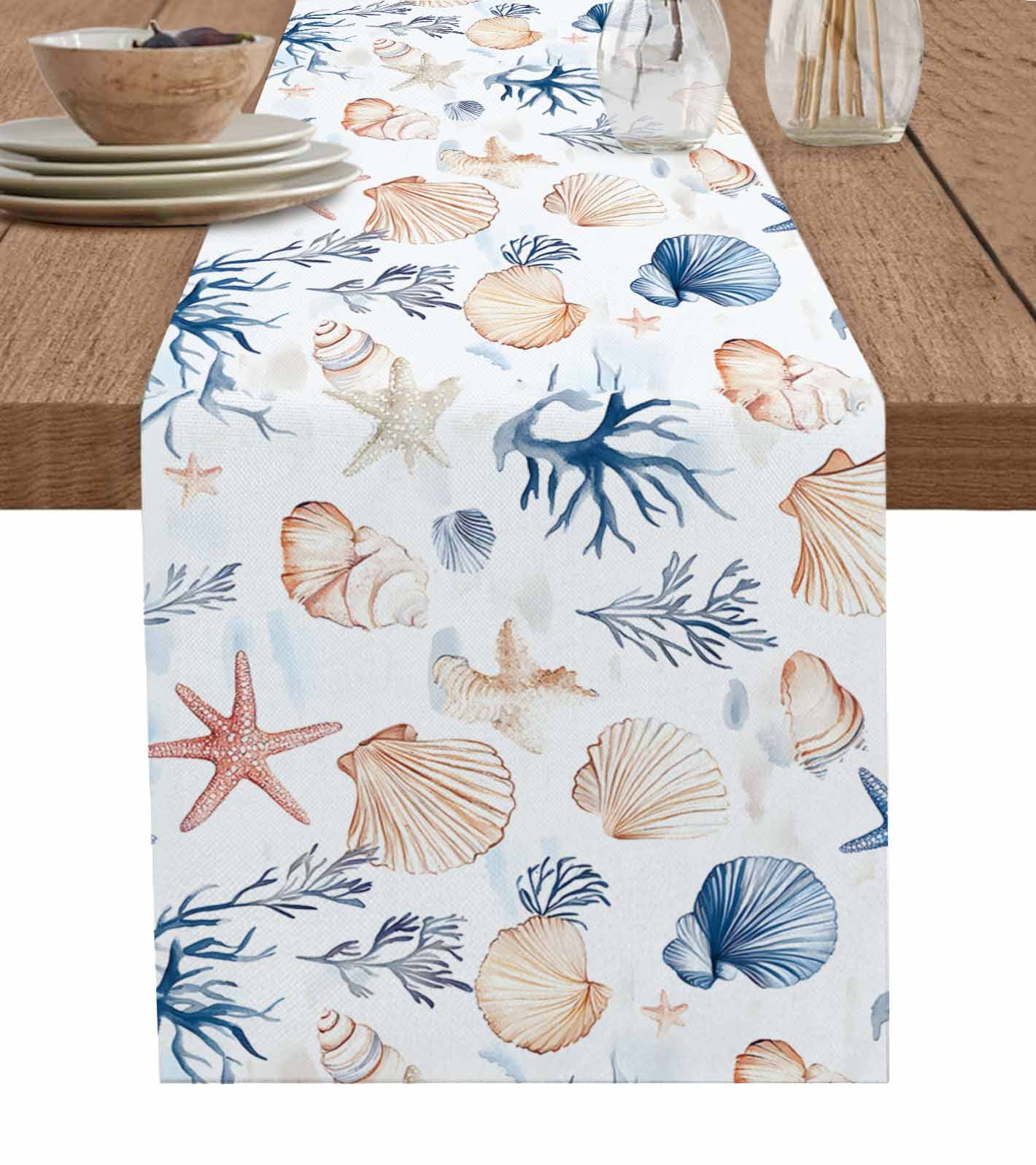 Coastal Table Runner 120 Inches, Coral Starfish Shell Couch Ocean Beach ...