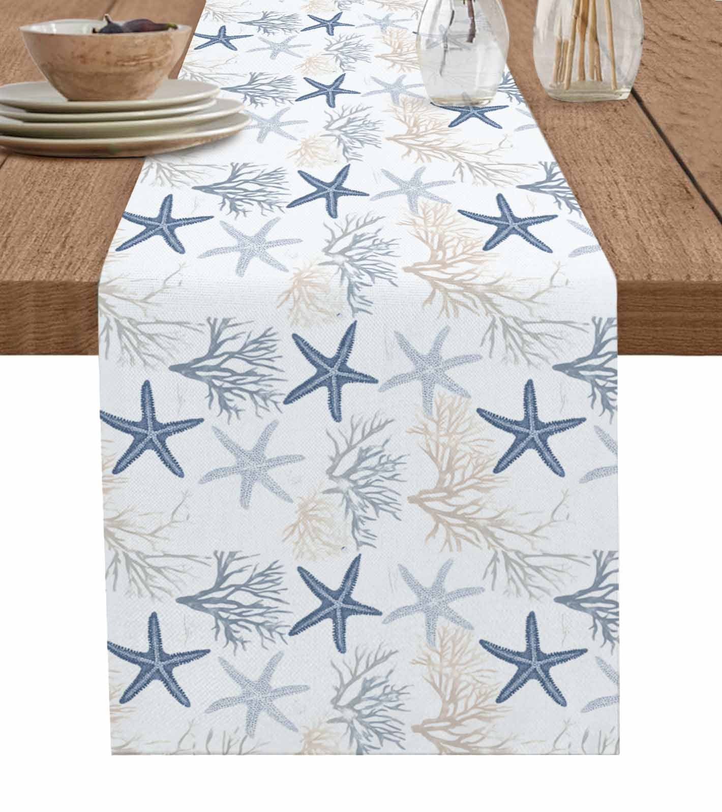 Coastal Table Runner 60 Inches, Summer Beach Starfish Coral Nautical ...