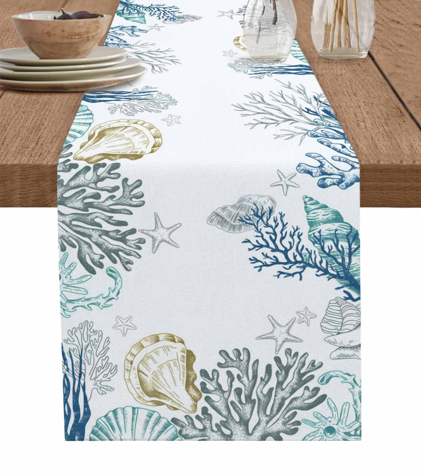 Coastal Table Runner 72 Inches, Ocean Coral Shell Turquoise Blue Conch ...