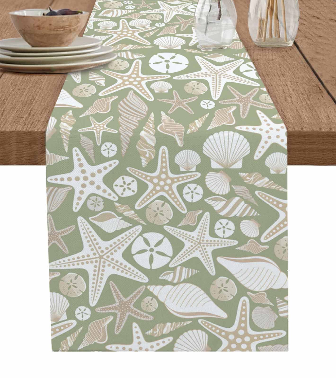Coastal Table Runner 72 Inches, Sage Green Starfish Ocean Conch Shell ...