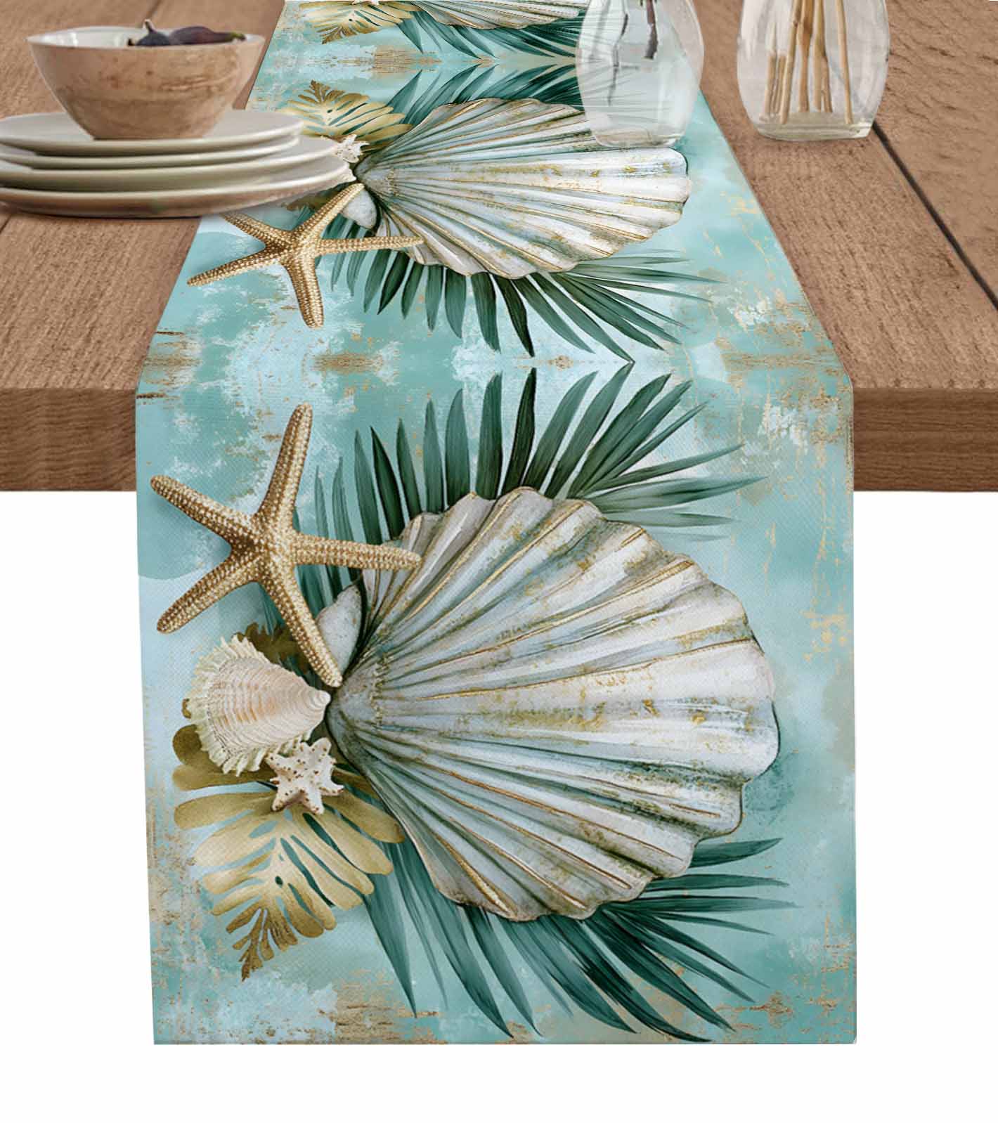 Coastal Table Runner 72 Inches, Vintage Botanical Beach Starfish ...