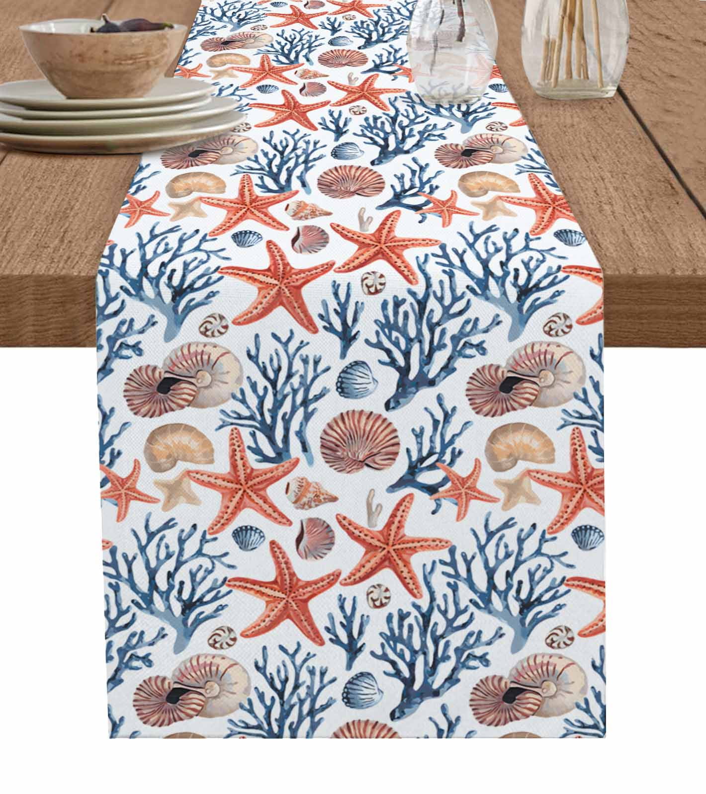 Coastal Table Runner 90 Inches, Summer Beach Starfish Coral Shell Conch ...