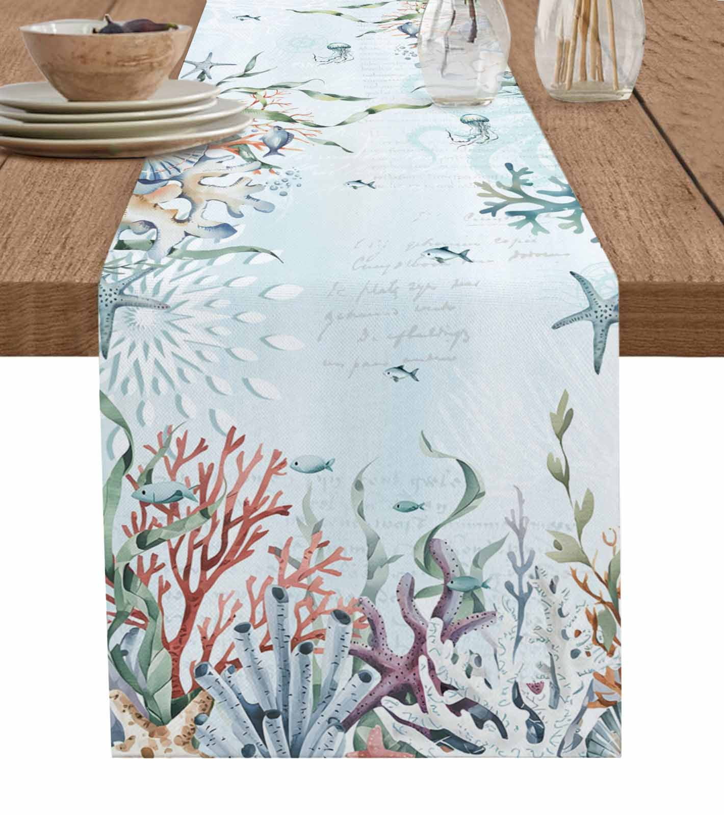 Coastal Table Runner Blue Ocean Coral Starfish Seagrass Nautical ...