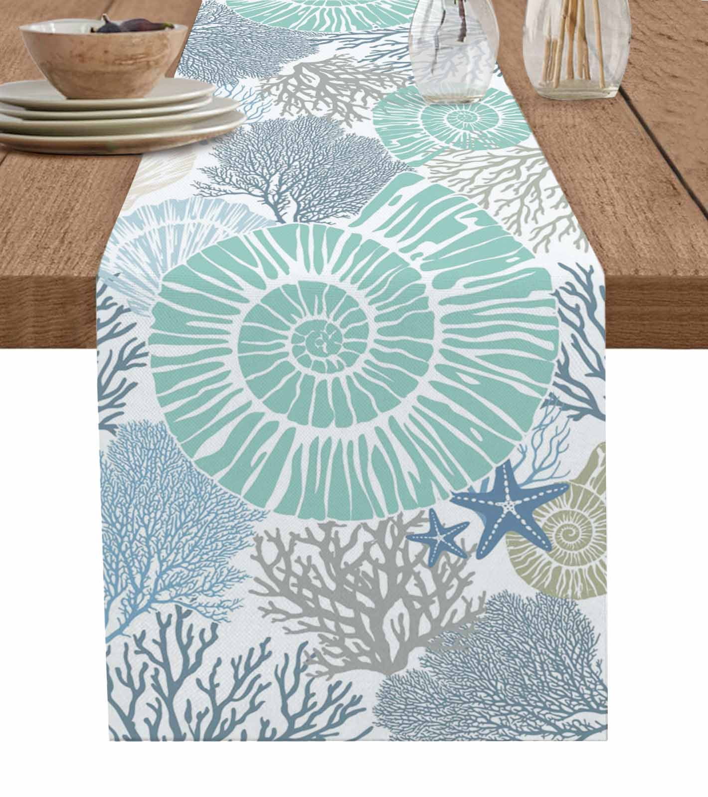 Coastal Table Runner Blue Starfish Teal Green Conch Ocean Coral ...
