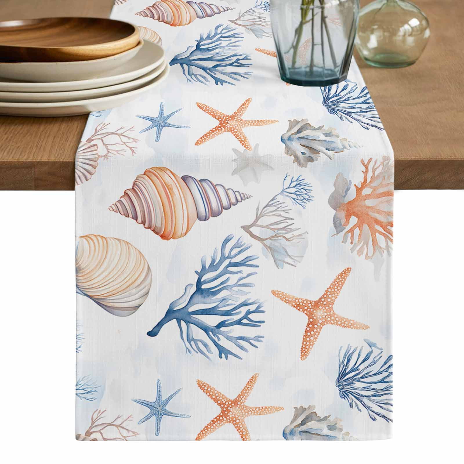 Coastal Table Runner, Ocean Starfish Coral Shell Conch Aesthetics Blue ...
