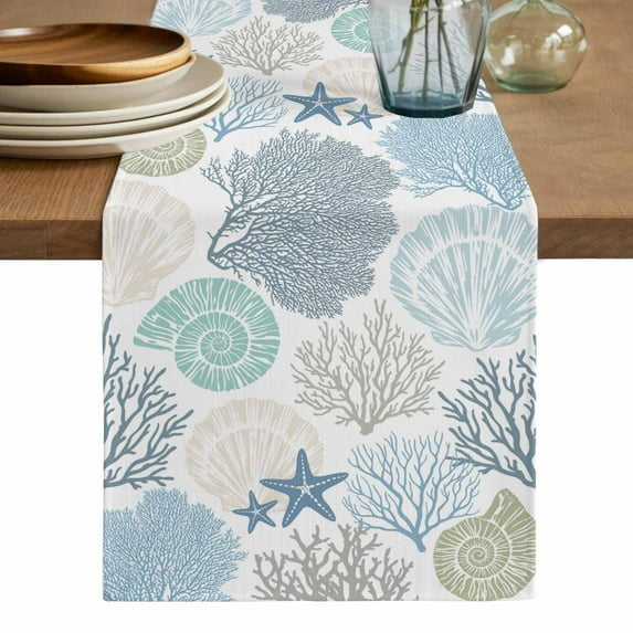 Coastal Table Runner, Summer Beach Nautical Coral Starfish Washable ...