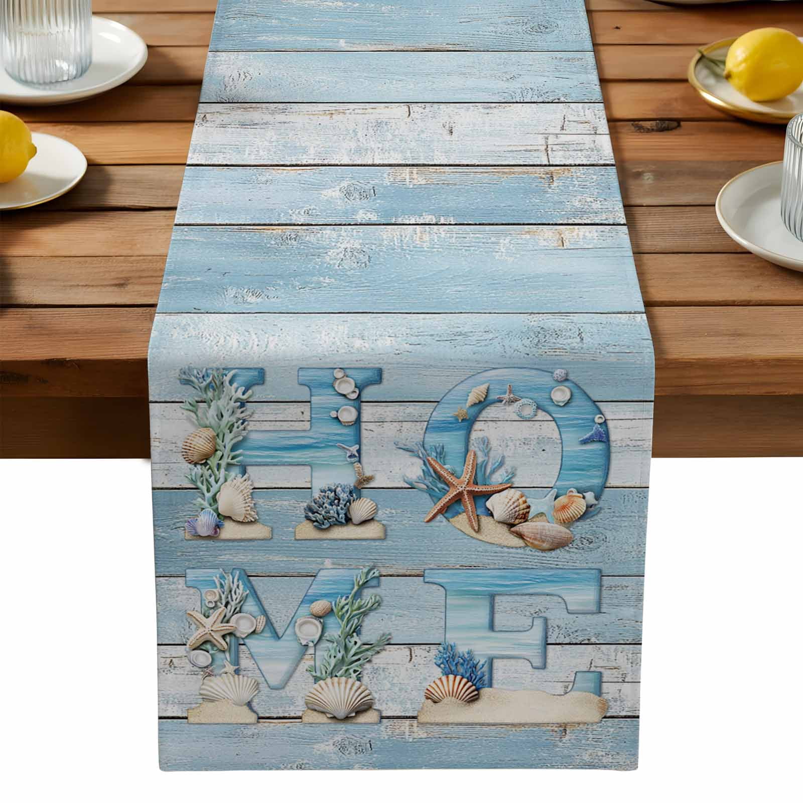 Coastal Table Runner, Vintage Beach Starfish Shell Cotton Linen ...