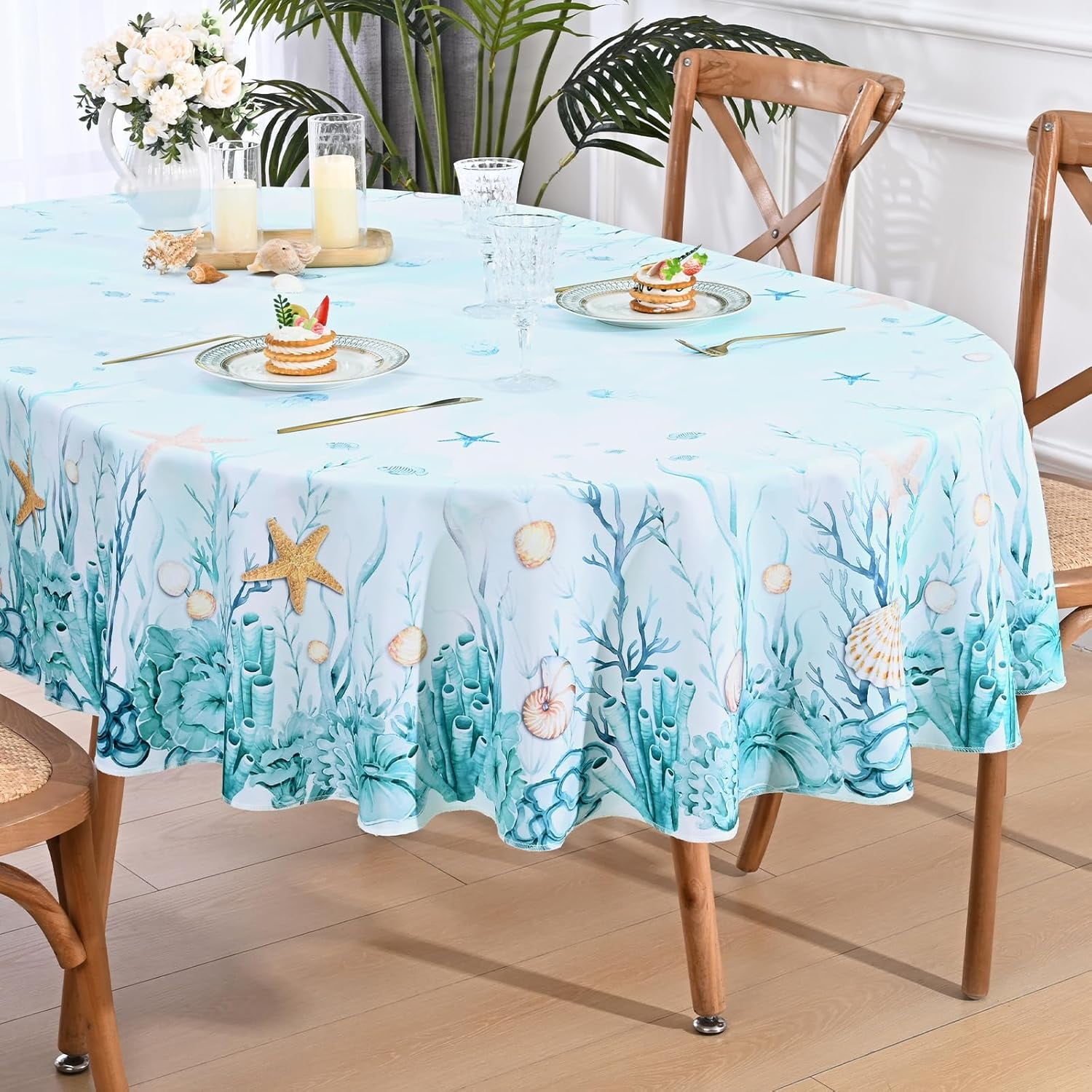 Coastal Tablecloth, Ocean Nautical Table Cloth, Coral Starfish Seashell ...