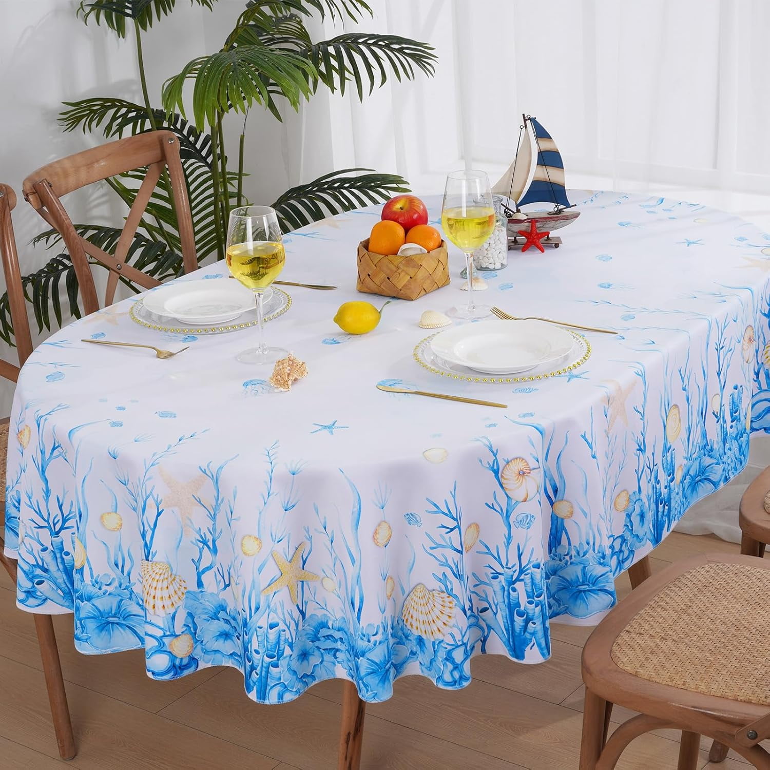 Coastal Tablecloth Oval, Ocean Nautical Table Cloth, Coral Starfish ...