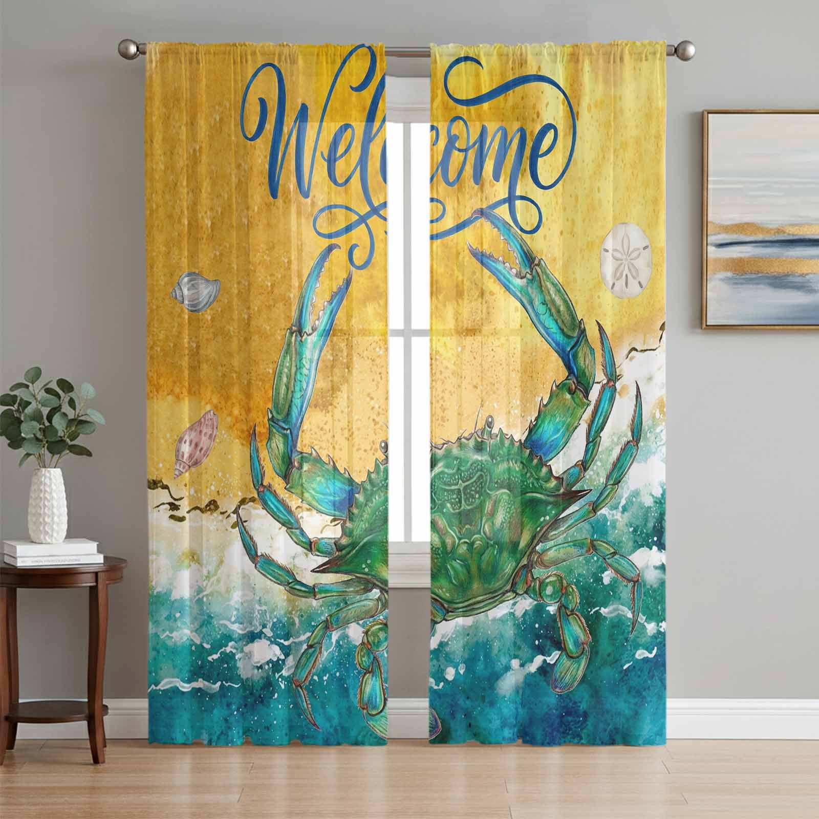 Coastal Teal Crab Sheer Curtains for Living Room Bedroom Summer Beach ...