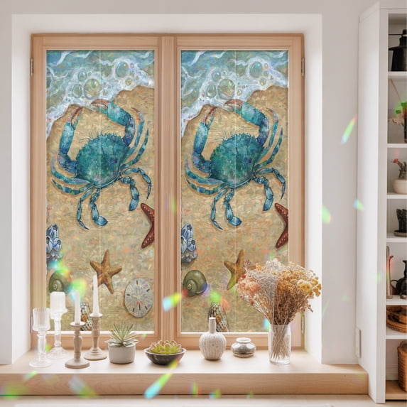 Coastal Teal Crab Window Privacy Film Beach Starfish Shell Conch ...