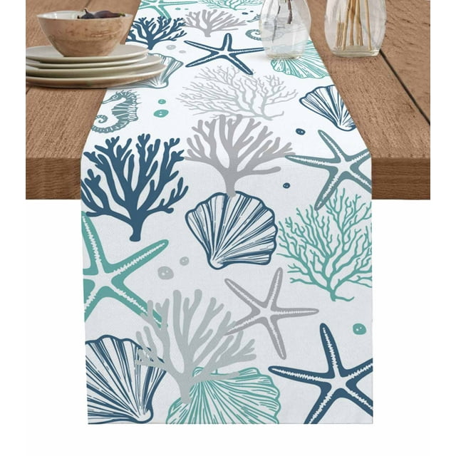 Coastal Teal Green Burlap Cotton Table Runner 16x72 Inches Long, Coral ...