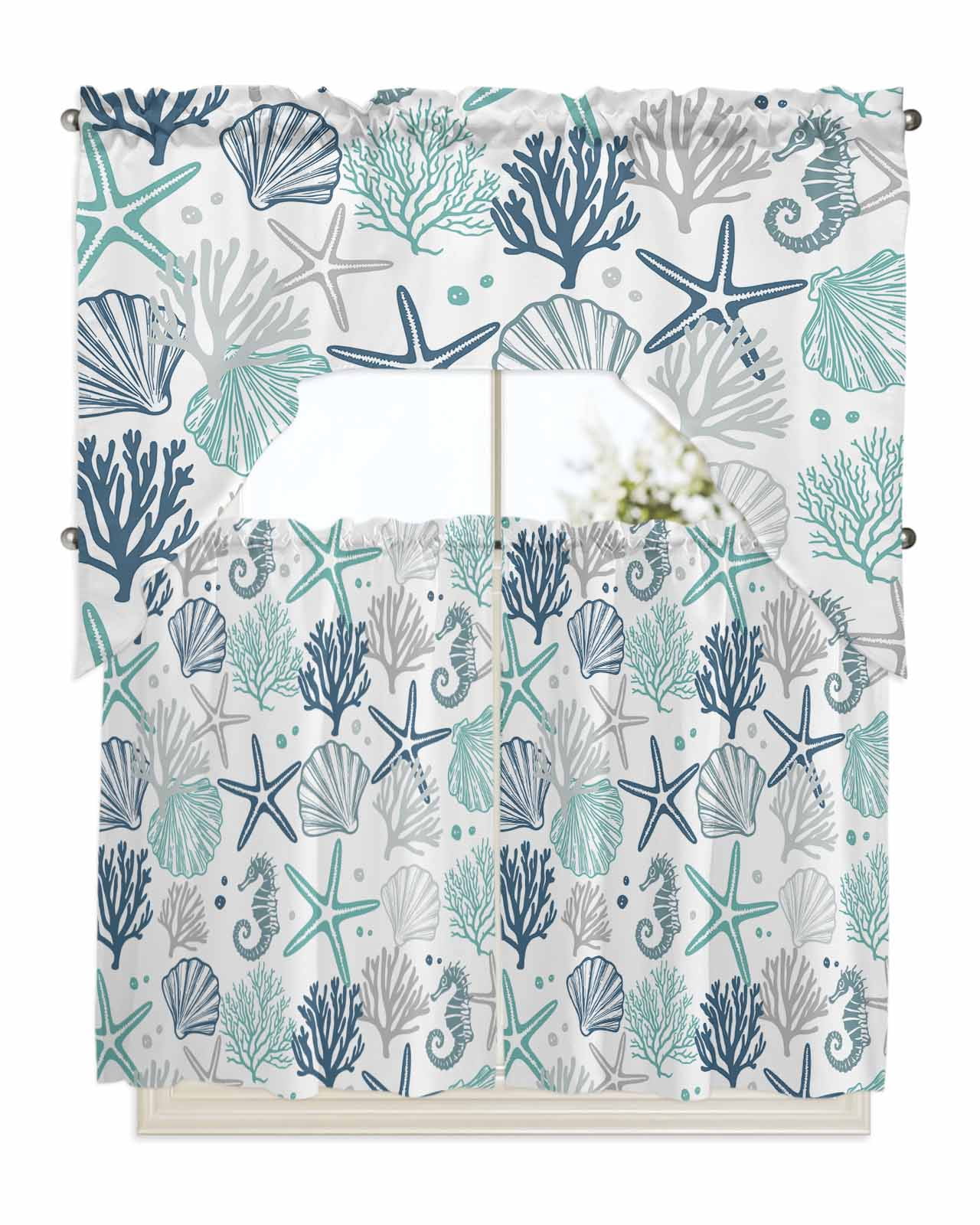 Coastal Teal Green Kitchen Curtains Swag Valance and Tier Curtains Set ...