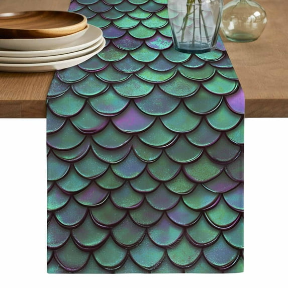 Coastal Teal Green Table Runner, Modern Ocean Mermaid Scales Washable ...