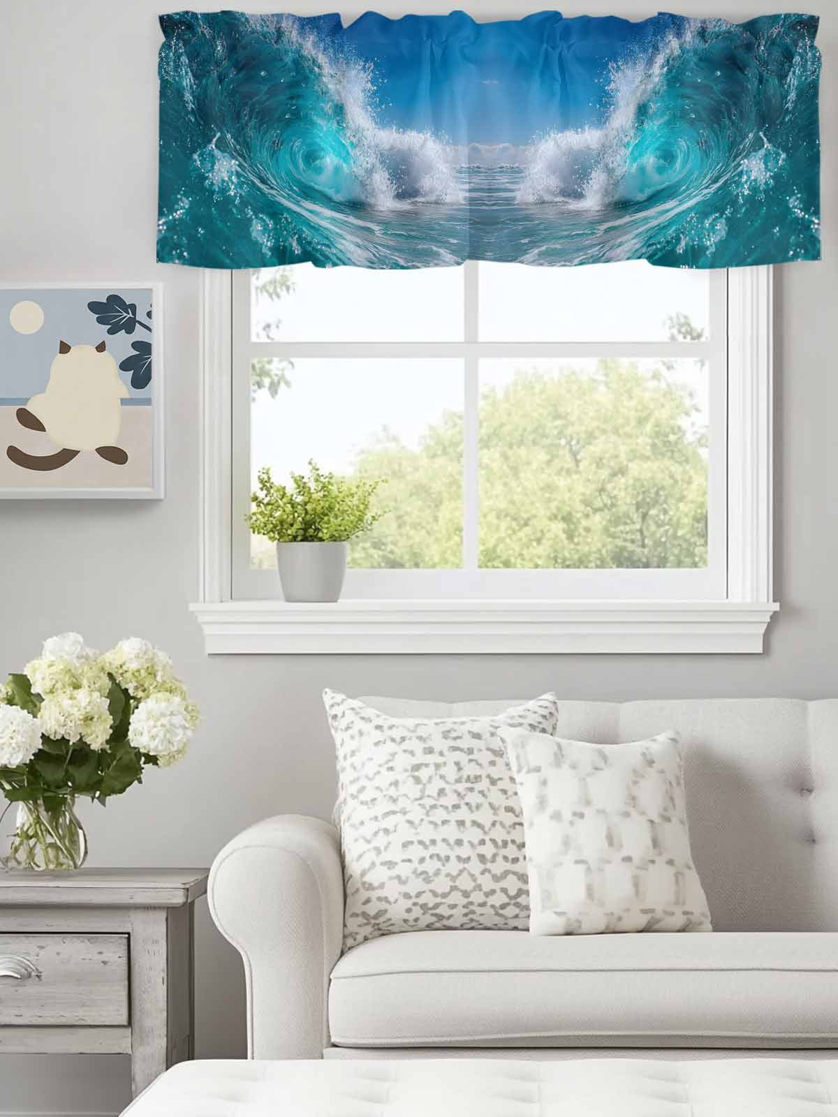 Coastal Teal Ocean Wave Sea Foam Valances for Windows,Kitchen Valance ...