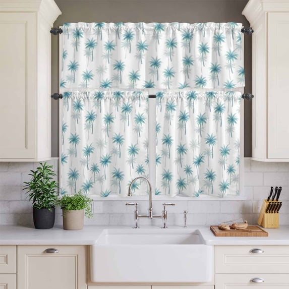 Coastal Teal Palm Tree Seamless Curtain Tier and Valance Set 3 Piece ...
