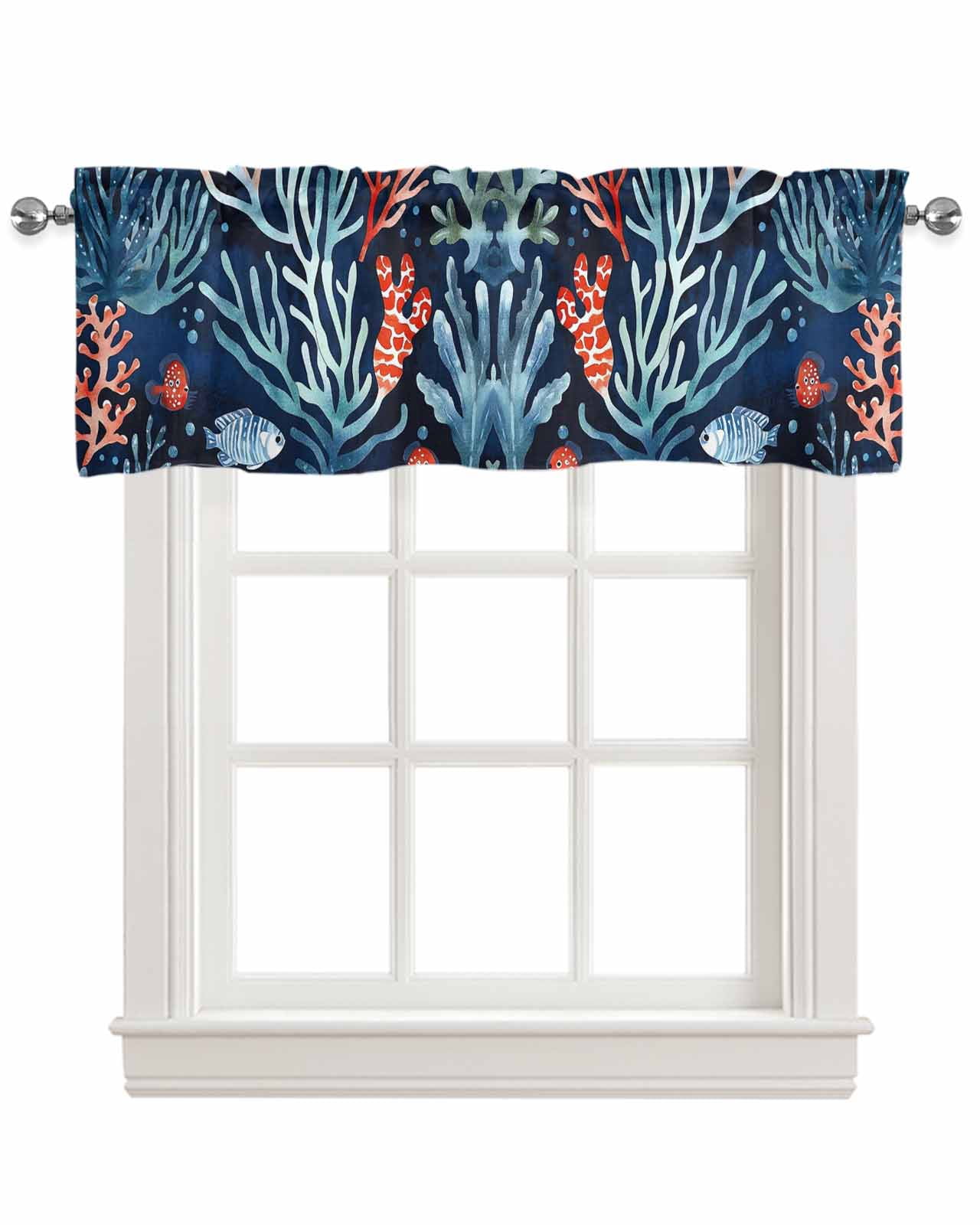 Coastal Teal Red Coral Kitchen Valances for Windows Farmhouse Linen ...