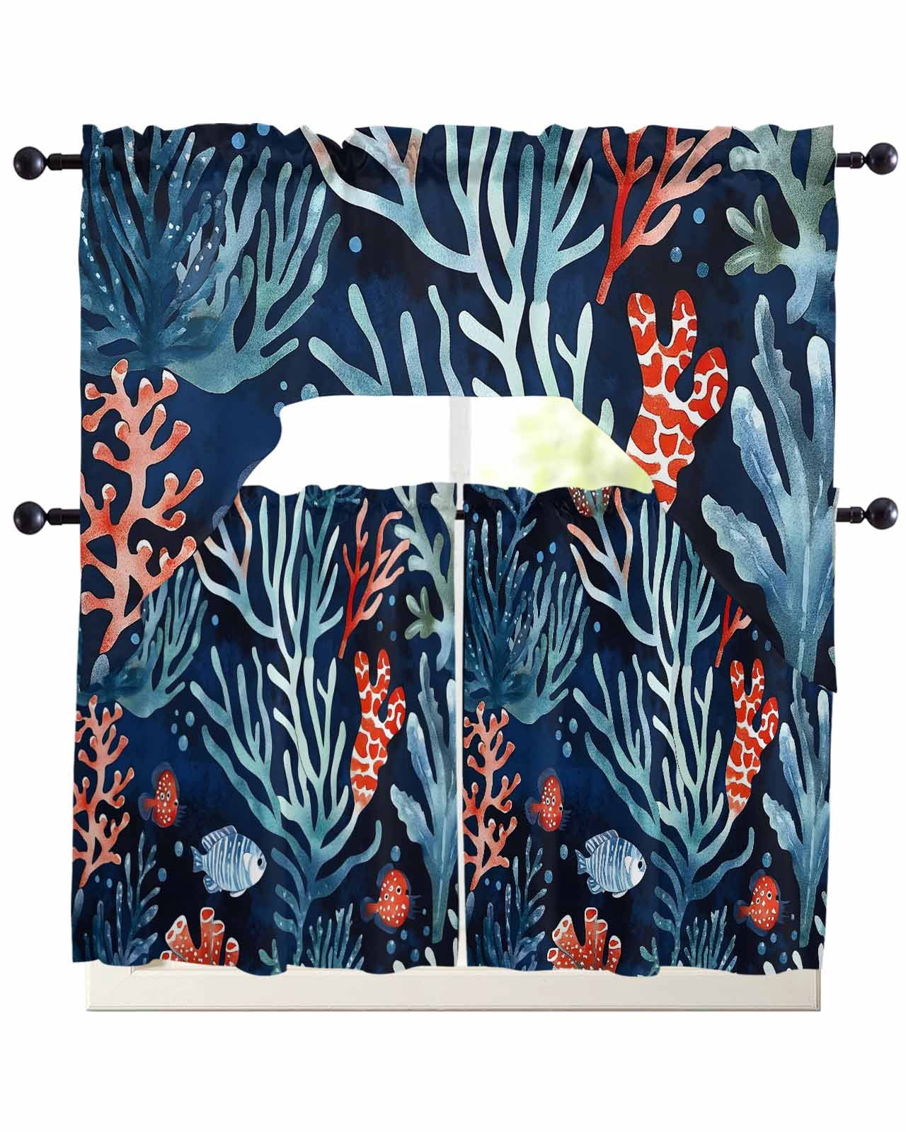 Coastal Teal Red Coral Swag Kitchen Curtains Sets for Windows 24 Inch ...