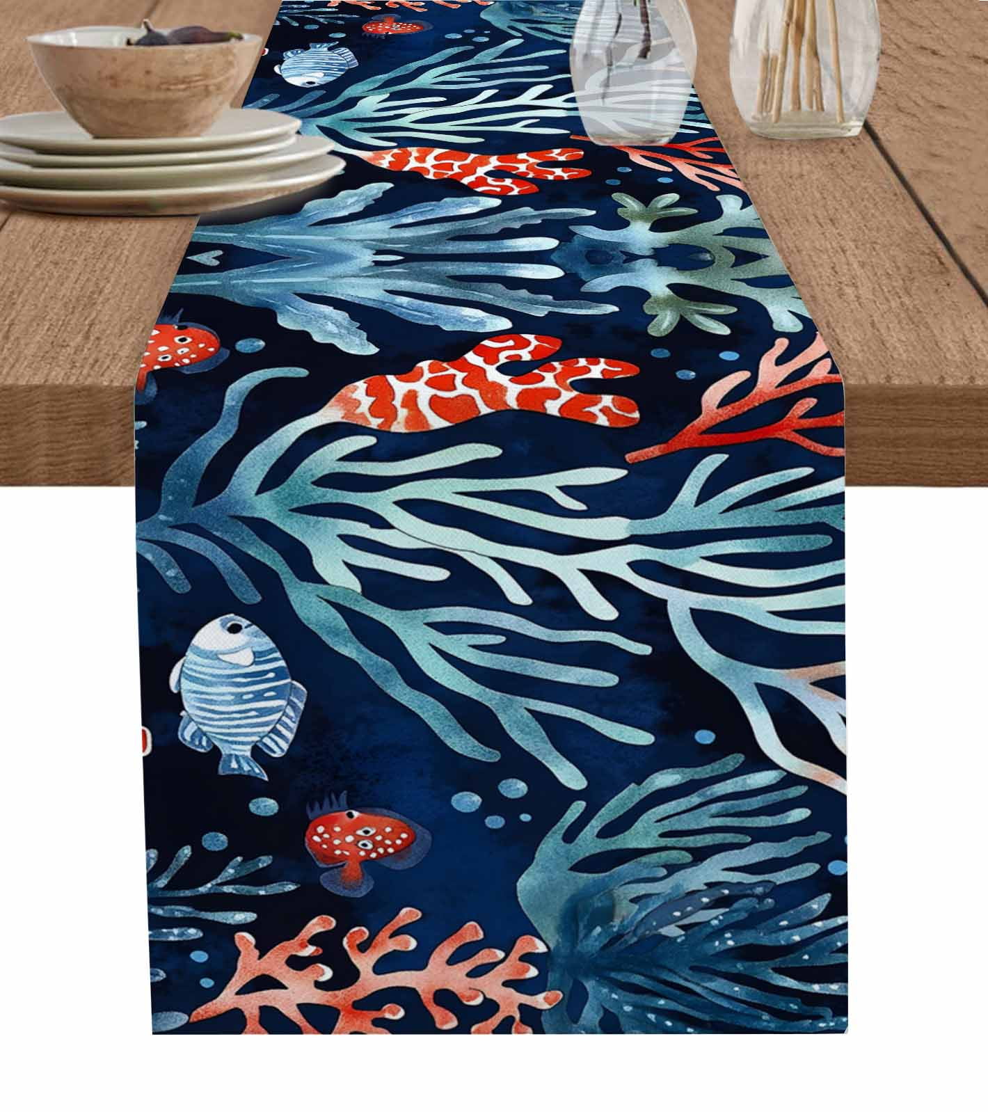 Coastal Teal Red Coral Table Runner Cotton Linen 90 Inch Holiday ...
