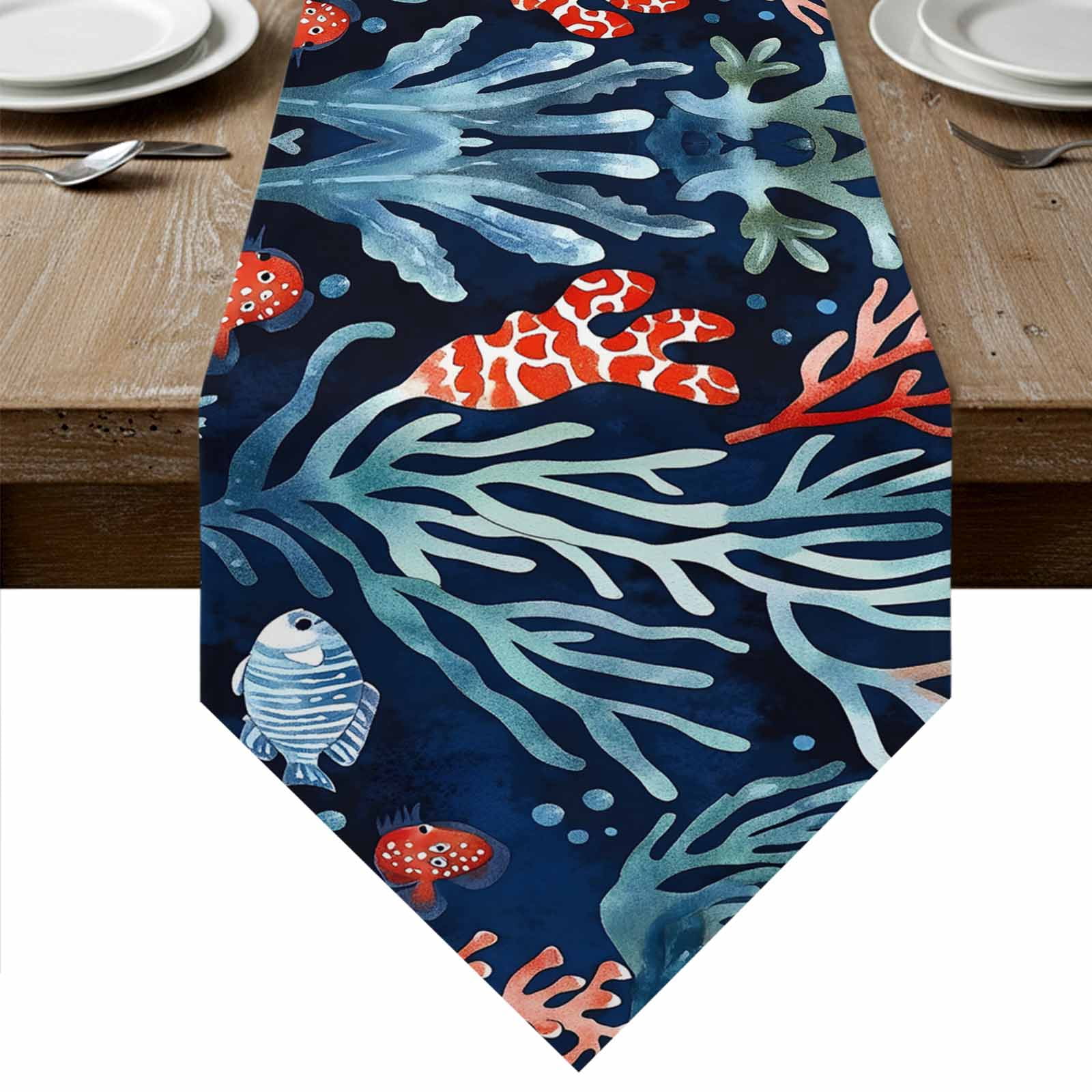 Coastal Teal Red Coral Table Runner Linen Burlap Table Runner 72 Inches ...