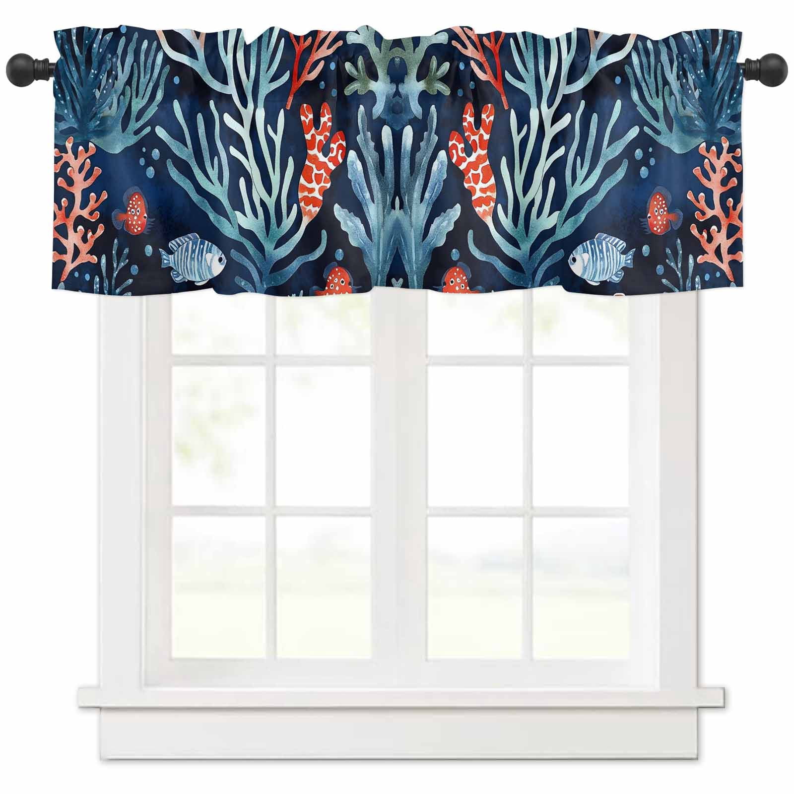 Coastal Teal Red Coral Valances for Windows Farmhouse Kitchen Curtains ...