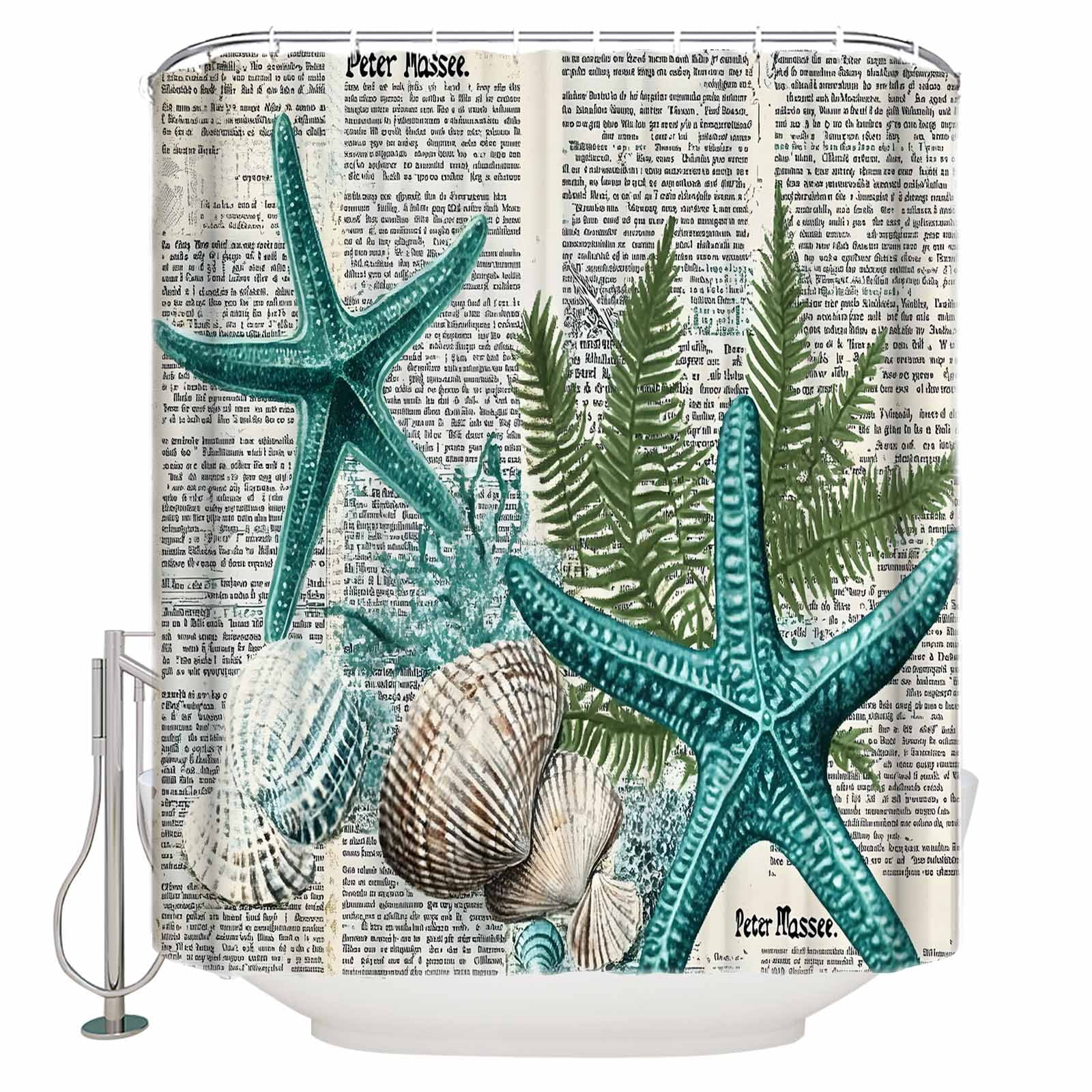 Coastal Teal Starfish Bathroom Shower Curtains with 12 Hooks Polyester ...