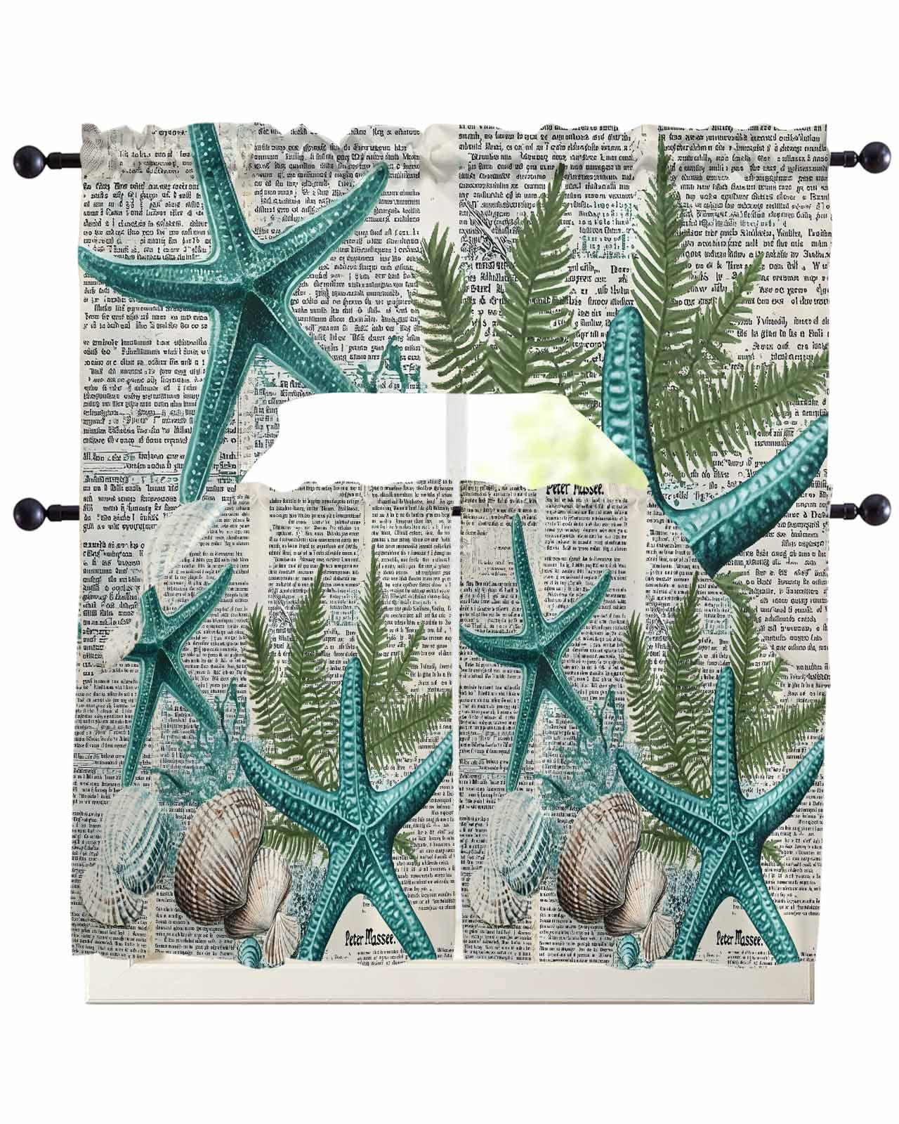 Coastal Teal Starfish Kitchen Curtains Swag Valance and Tier Curtains ...
