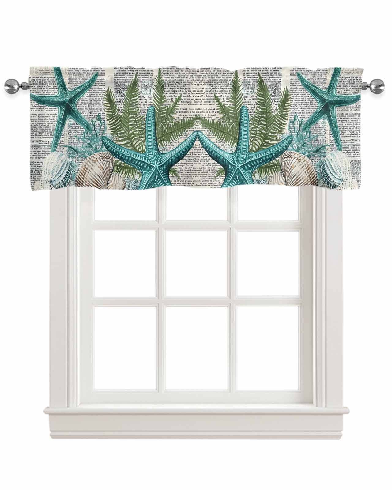 Coastal Teal Starfish Kitchen Valances for Windows Farmhouse Linen ...