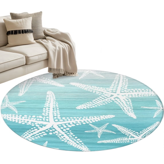 Coastal Teal Starfish Round Living Room Rugs 3.3 ft, Nautical Ocean ...