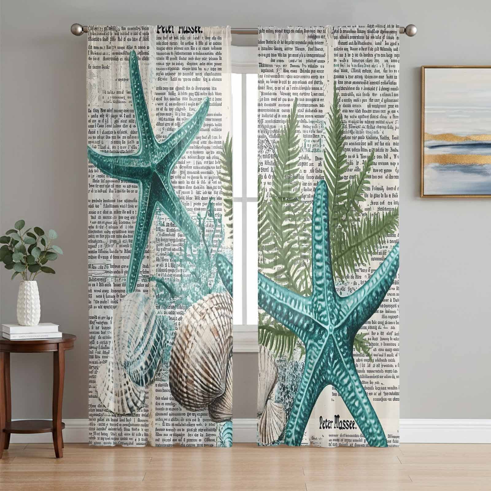 Coastal Teal Starfish Sheer Curtains 84 Inch Length 2 Panels Set ...