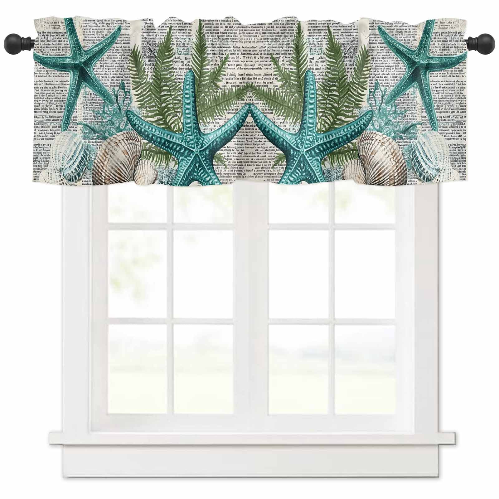 Coastal Teal Starfish Valances for Windows Farmhouse Kitchen Curtains ...