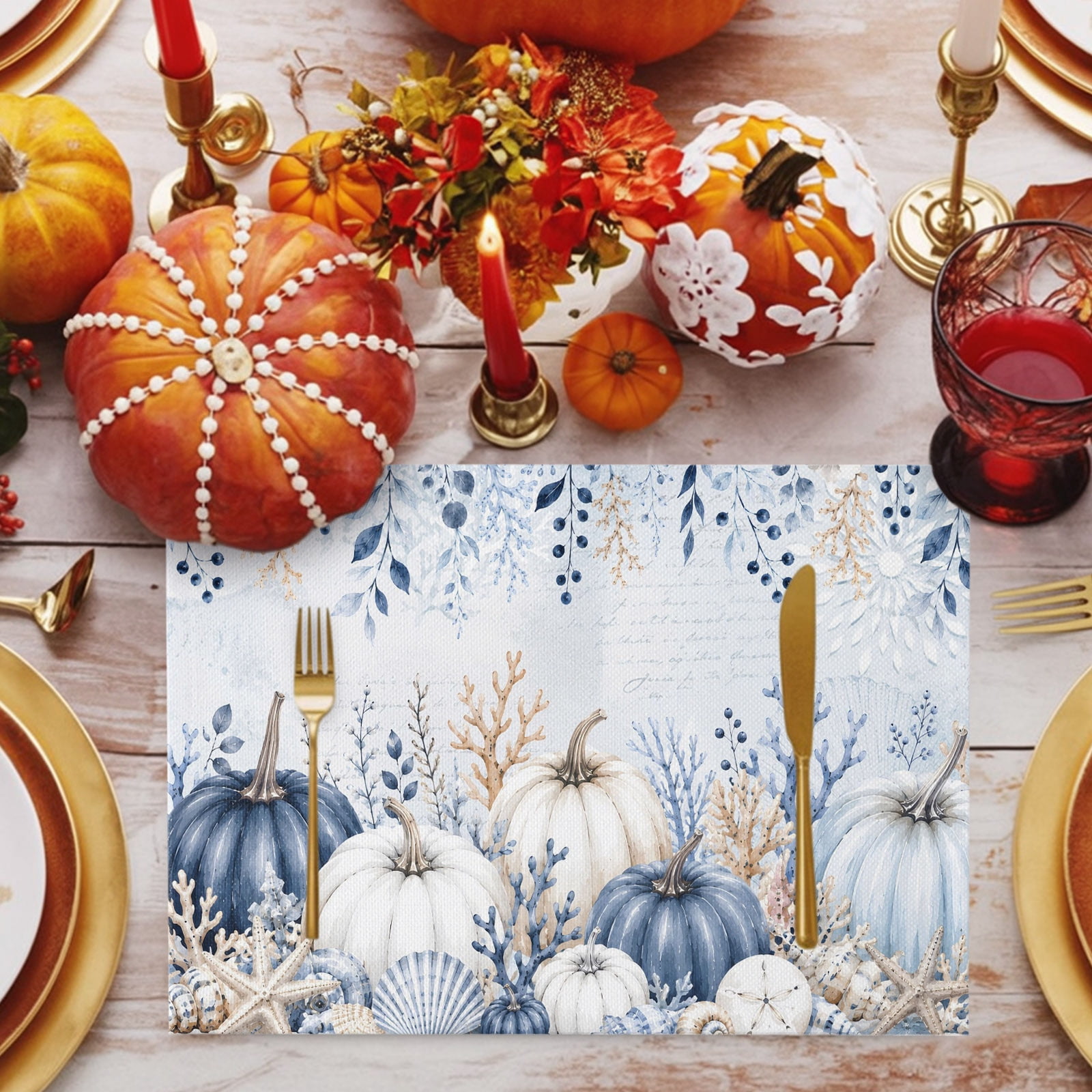 Coastal Thanksgiving Placemats Set of 8 Blue Pumpkin Cone Shell ...