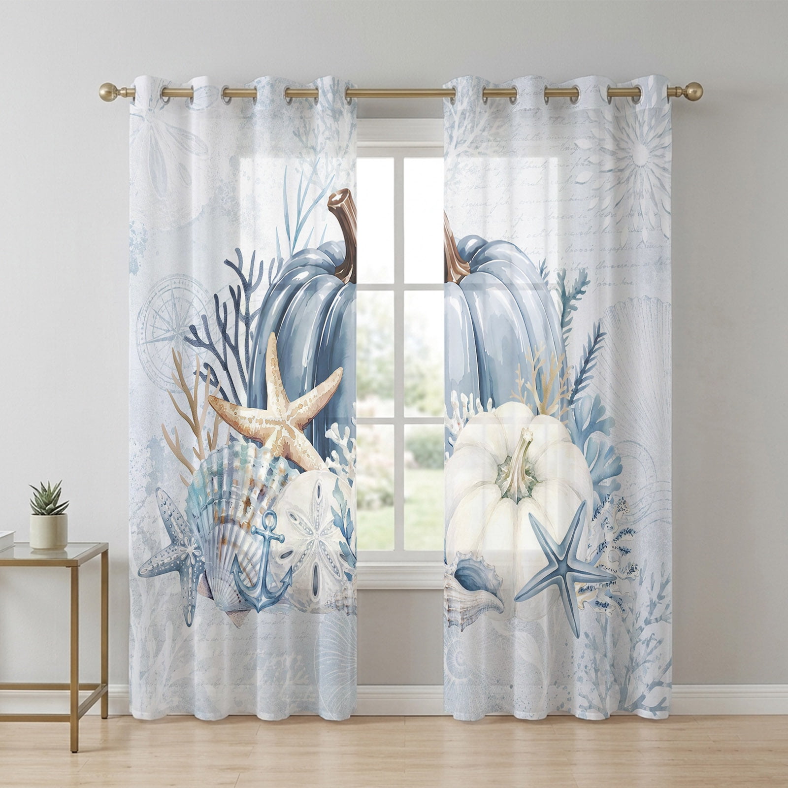 Coastal Thanksgiving Sheer Curtains 63 Inch Long 2 Panels, Fall Rustic ...